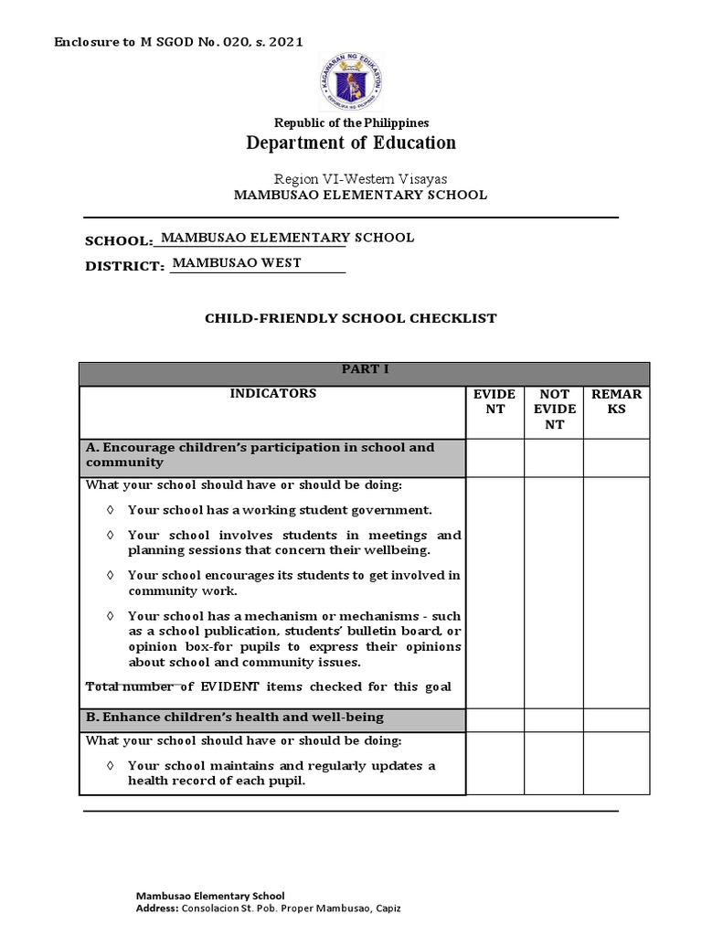 Enclosure To DM SGOD No. 020 S. 2021 Child Friendly School Checklist ...
