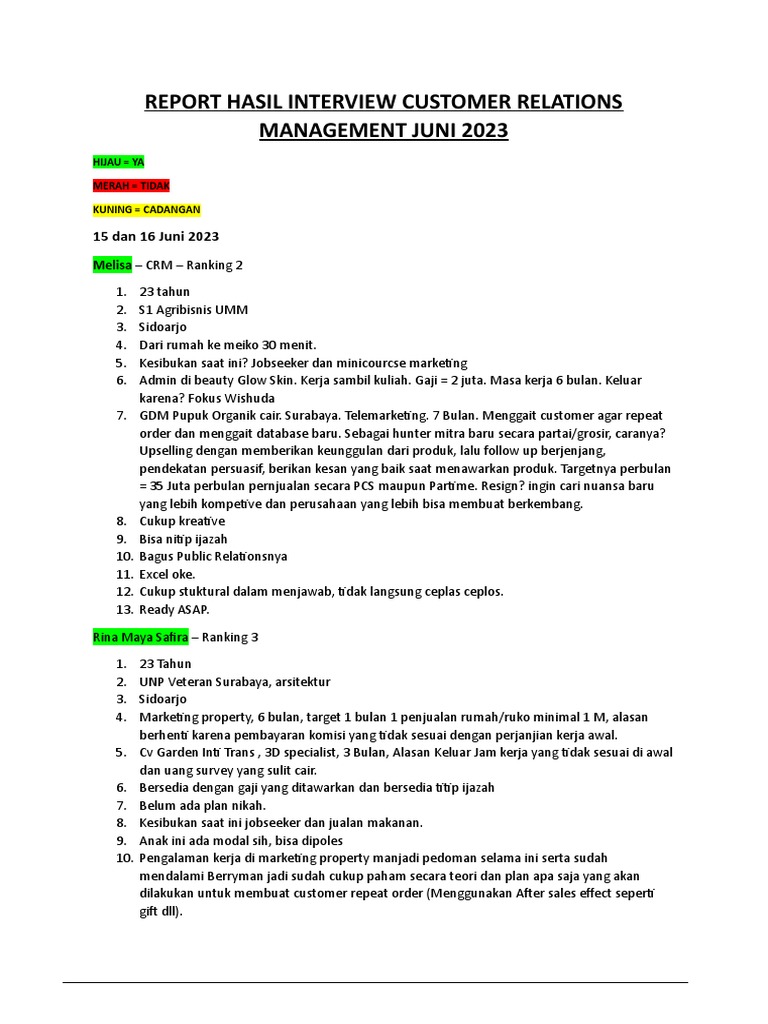 Hasil Interview CRM 15 Dan 16 Juni 2023 | PDF
