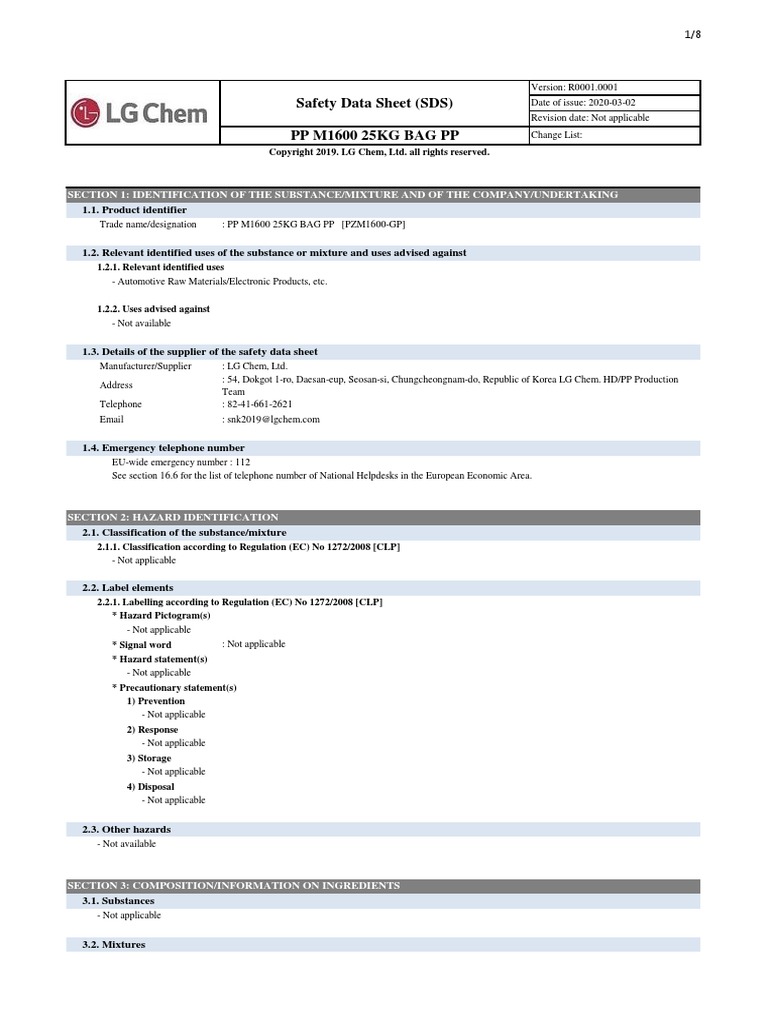 MSDS PP M1600 en 200302 | PDF | Dangerous Goods | Waste