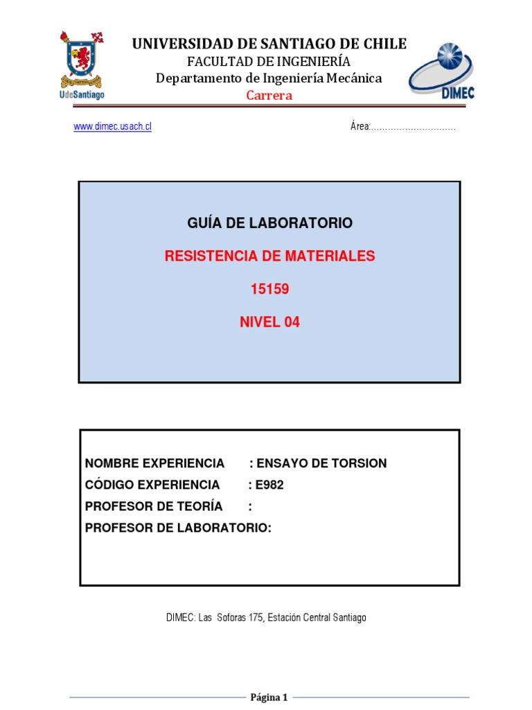 Guía Laboratorio E982 C432 C162 - Ensayo Torsión | PDF | Mecanica clasica | Ciencias fisicas