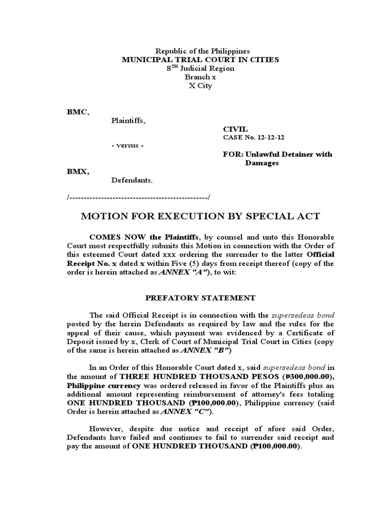 Motion For Execution by Special Act (Template) | PDF | Law