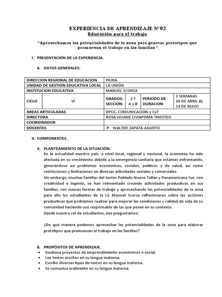 Experiencia de Aprendizaje 2 - Ept 2° - 2021 | PDF | Iniciativa empresarial | Evaluación
