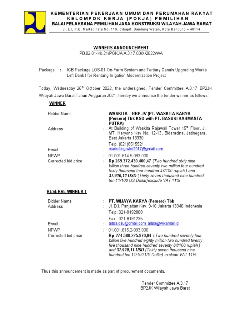 Winner Announcement Icb Los 01 | PDF | Indonesian Rupiah | Indonesia