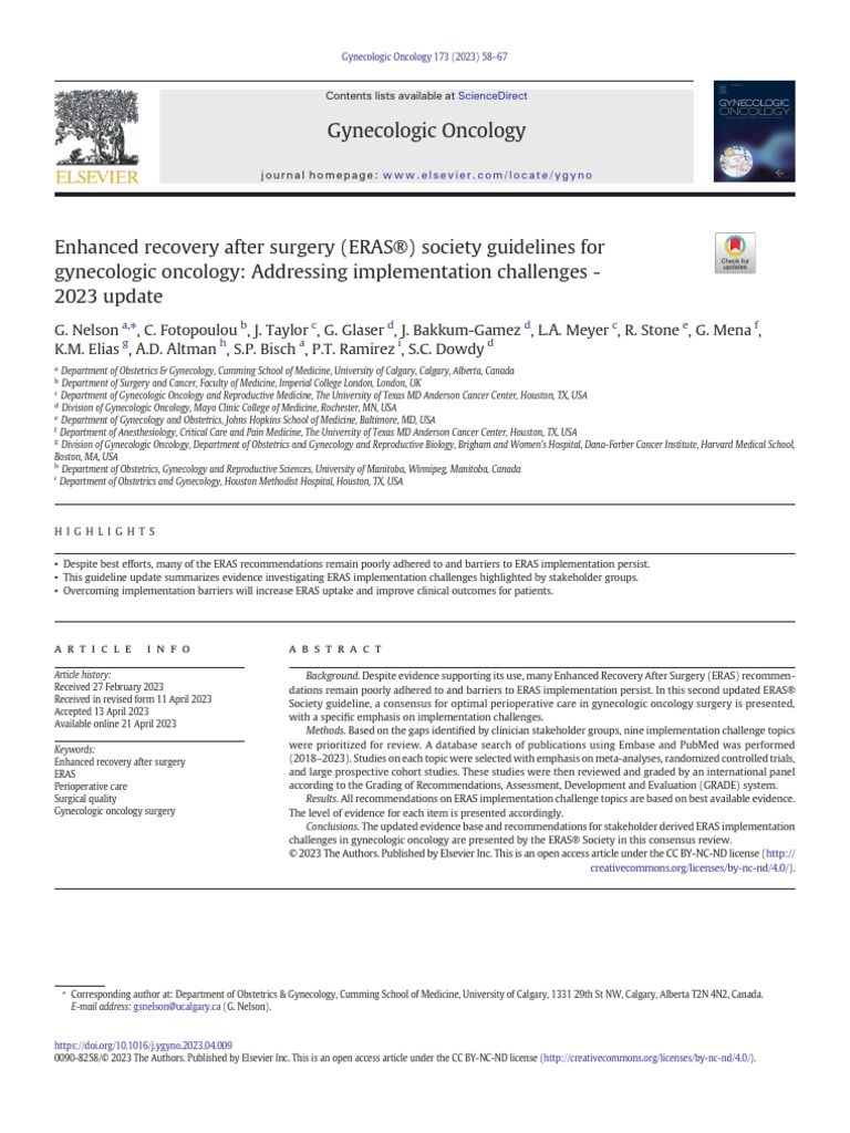 ERAS 2023 - Ginecologia Oncologica | PDF | Surgery | Anesthesia