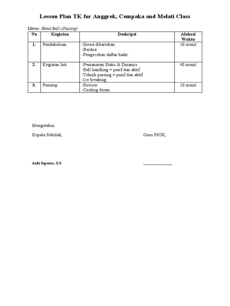 Lesson Plan TK | PDF