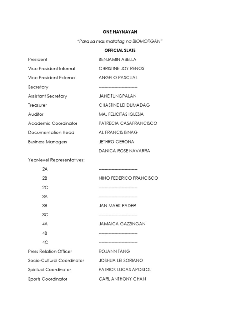 One Haynayan Official Slate 2023 | PDF