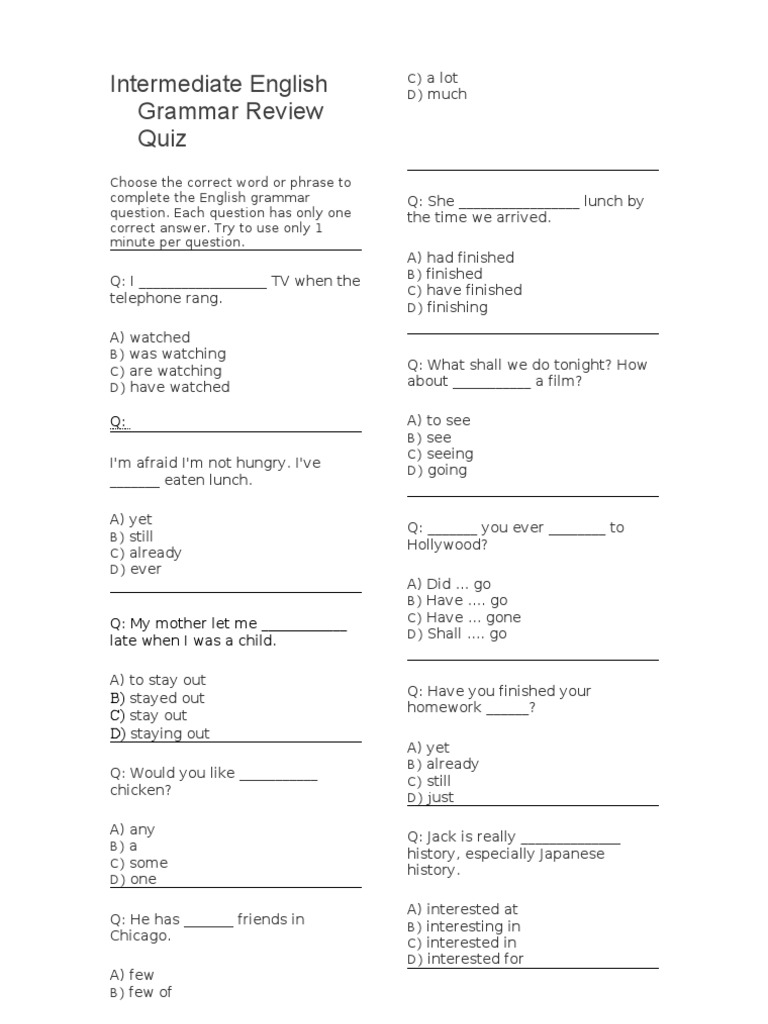 Intermediate English Grammar Quiz | PDF