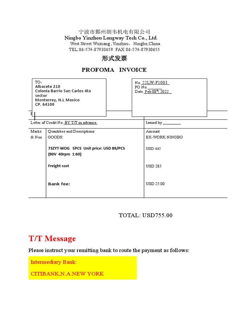 T/T Message: Profoma Invoice | PDF