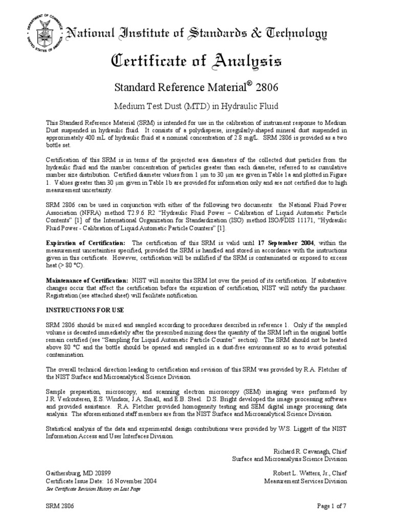 Certificate of Analysis: National Institute of Standards & Technology ...