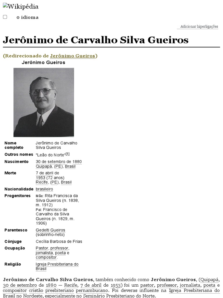 Jerônimo de Carvalho Silva Gueiros - Wikipédia, A Enciclopédia Livre | PDF | Igreja cristã | Jesus