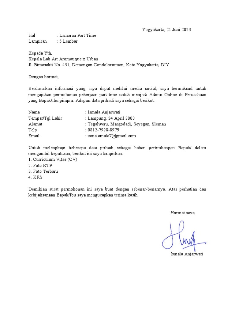 Lamaran Part Time Admin Online Yogyakarta | PDF