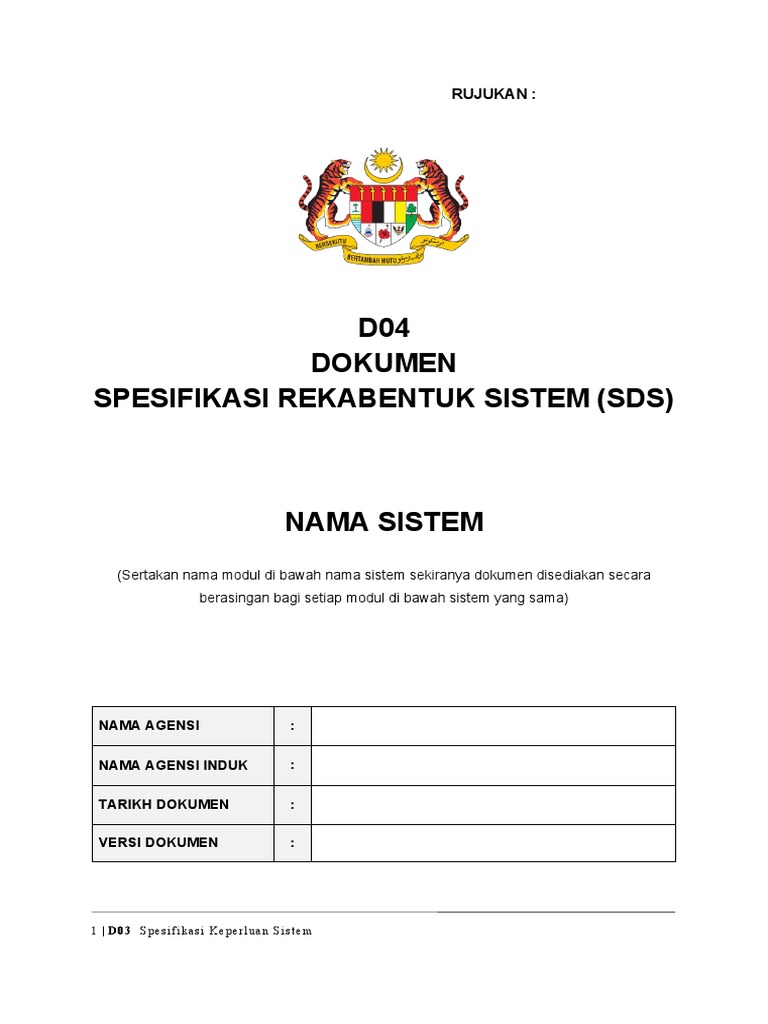 D04 Dokumen Spesifikasi Rekabentuk Sistem (SDS) : Rujukan | PDF