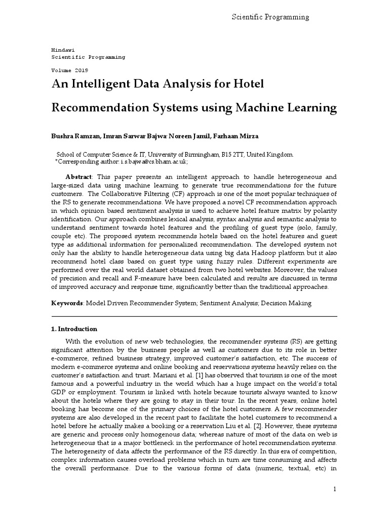 An Intelligent Data Analysis For Hotel Recommendation Systems Using ...