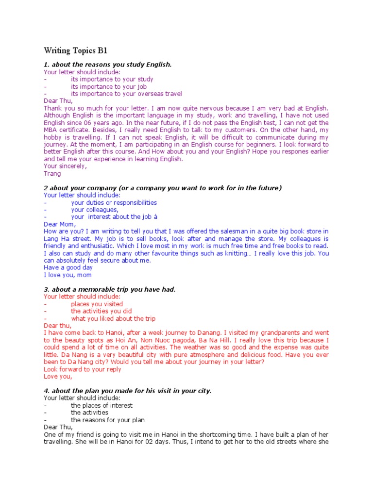 English Writing Topics B1 | PDF