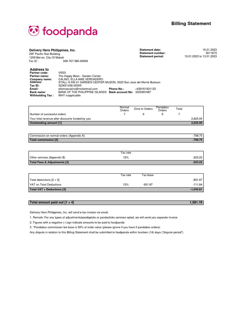 Delivery Hero Billing Statement Summary | PDF | Value Added Tax | Fee