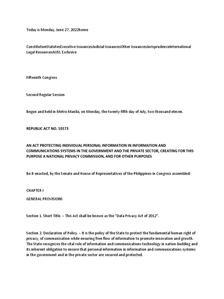 Ra No. 10173 - Data Privacy Act of 2012 | PDF