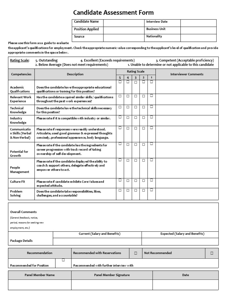 Candidate Assessment Form | Download Free PDF | Knowledge | Experience