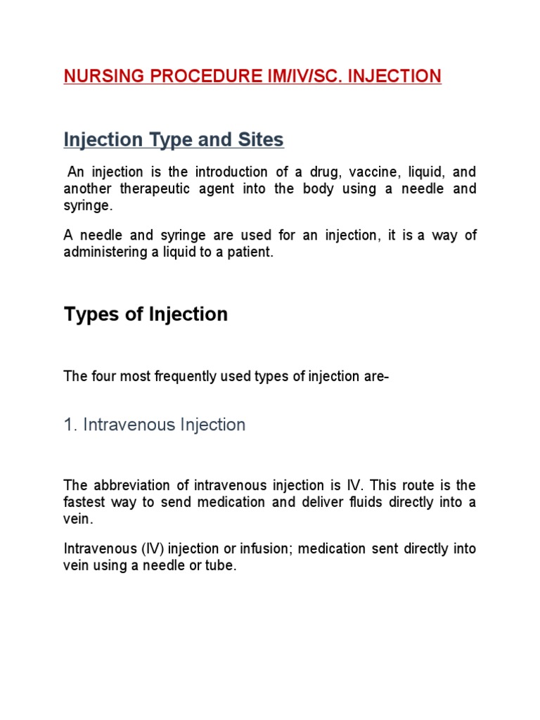 IV, IM, and SC Injection Procedures | PDF | Injection (Medicine) | Bleeding