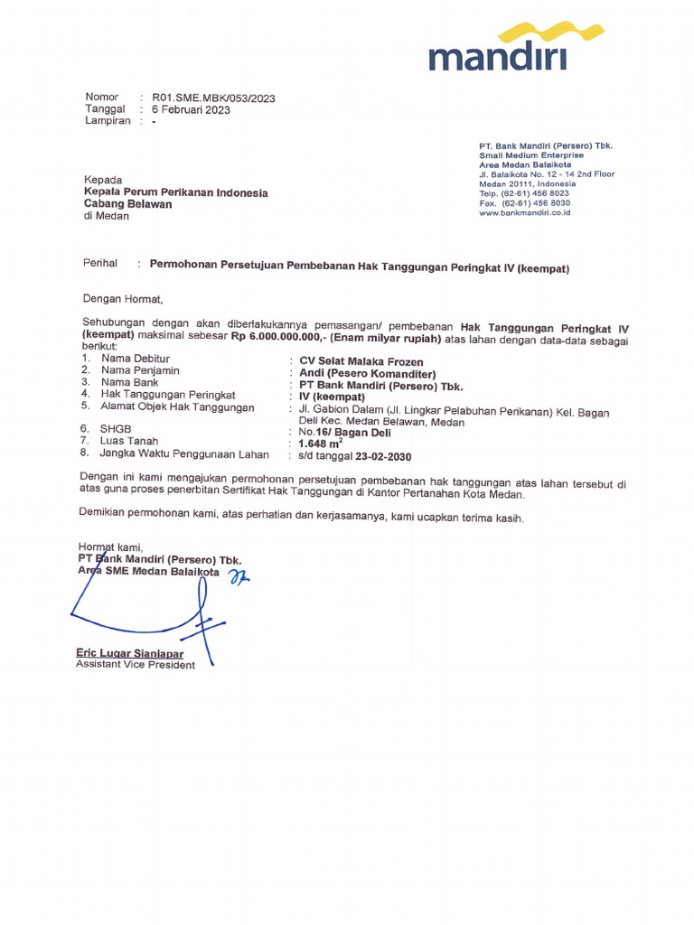 Surat Permohonan Pembebanan Hak Tanggungan An CV Selat Malaka Frozen | PDF