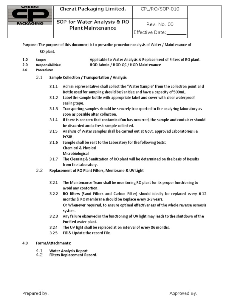 SOP For Water Filteration Plant | PDF | Membrane | Water Purification