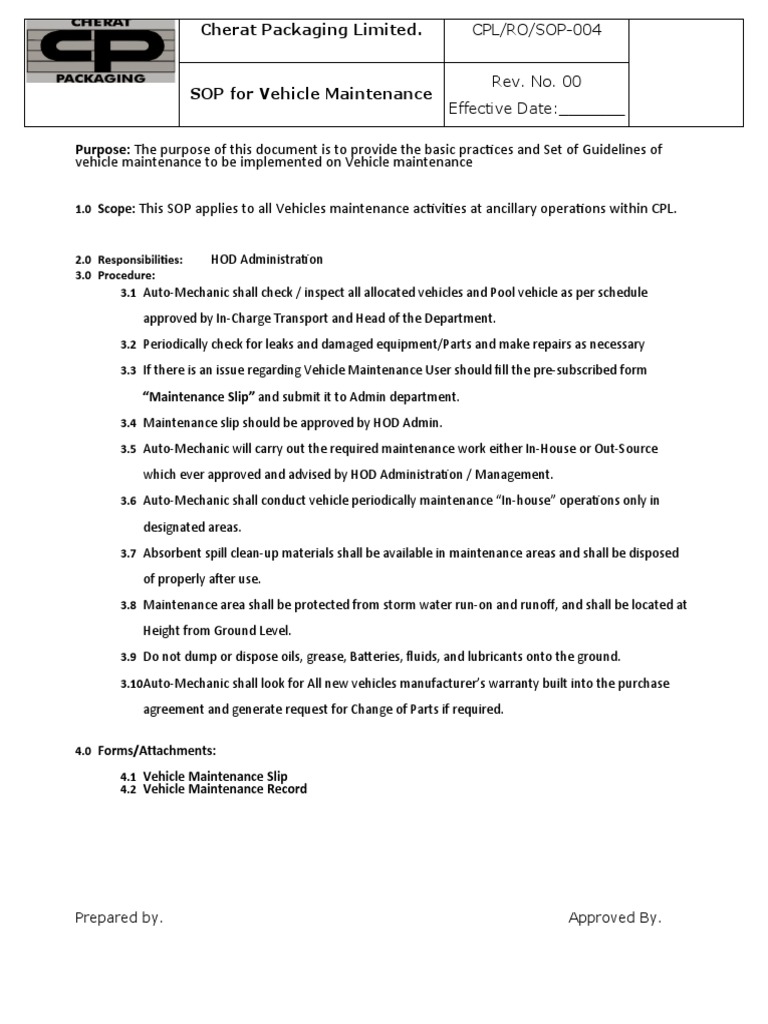SOP For Vehicle Maintenance | PDF