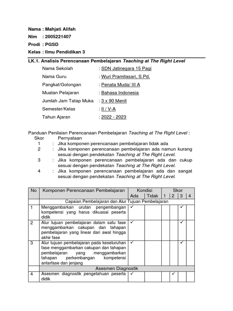 LK.1. Analisis Perencanaan Pembelajaran Teaching at The Right Level | PDF