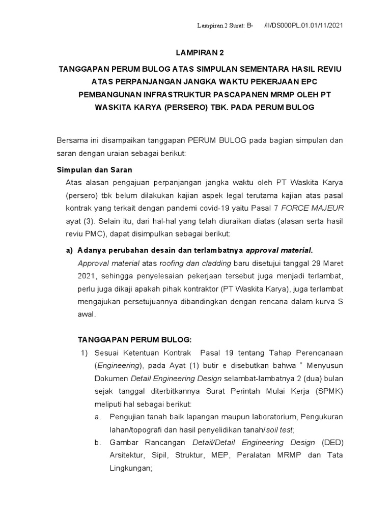 Tanggapan Perum BULOG Notisi Sementara Addendum Kedua WASKITA | PDF