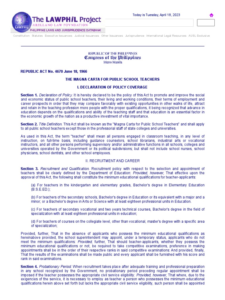 RA 4670 Magna Carta For Public School Teachers | PDF | Cost Of Living | Teachers