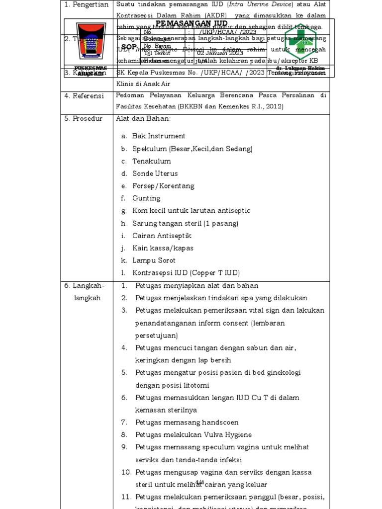 SOP Pemasangan IUD 2023 | PDF