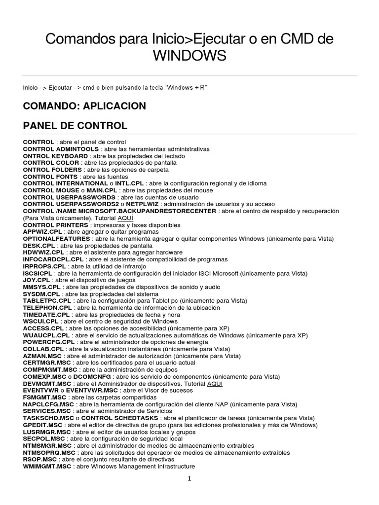 Comandos para Inicio Ejecutar o en CMD | PDF