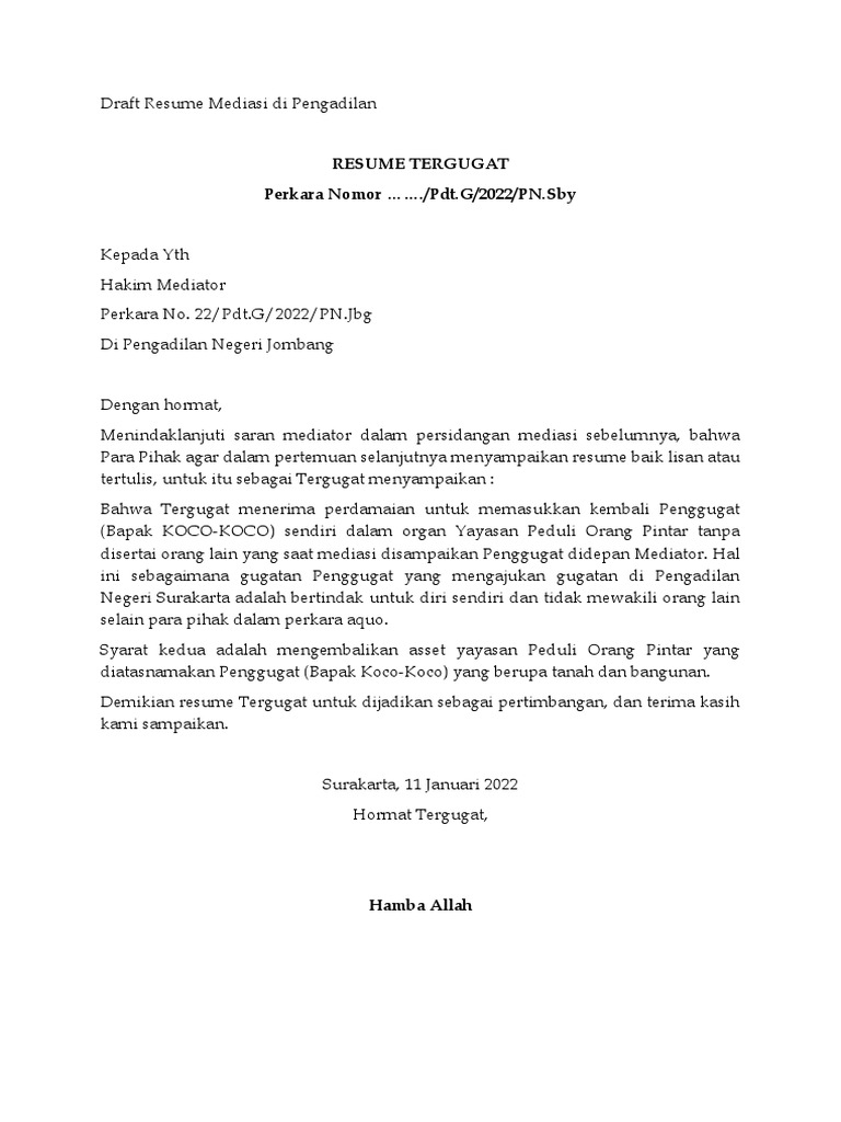 Resume Mediasi Perkara Perdata 2022 | PDF