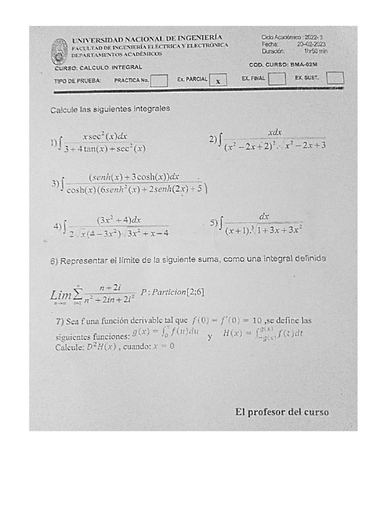 Examen Parcial FIEE UNI Calculo Integral 22-3 | PDF