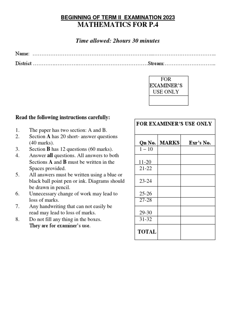 P.4 Mathematics Term II Exam 2023 | PDF | Mathematics