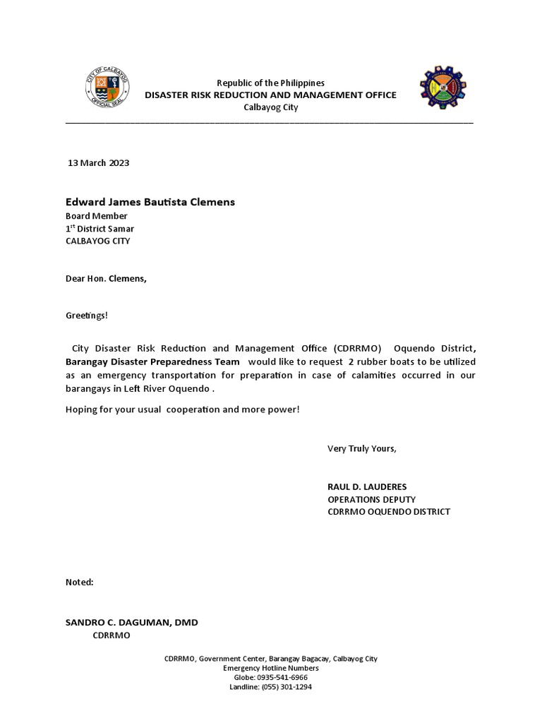 Request for Rubber Boats from CDRRMO | PDF