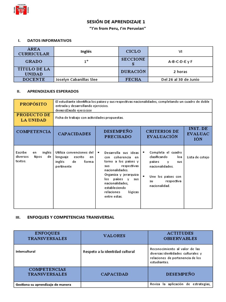 Sesión de Aprendizaje 1 | PDF | Aprendizaje | Evaluación