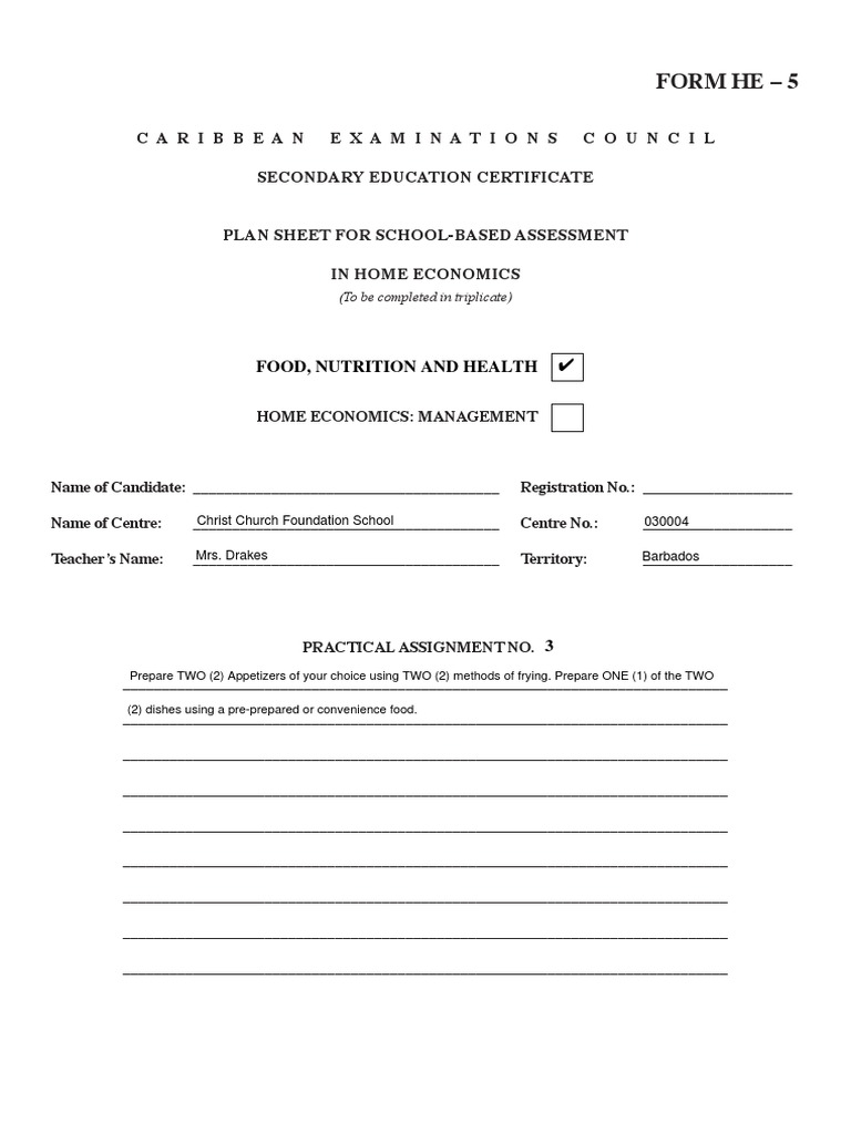 Planning Sheet For The Third SBA Assignment. | PDF | Home Economics | Foods