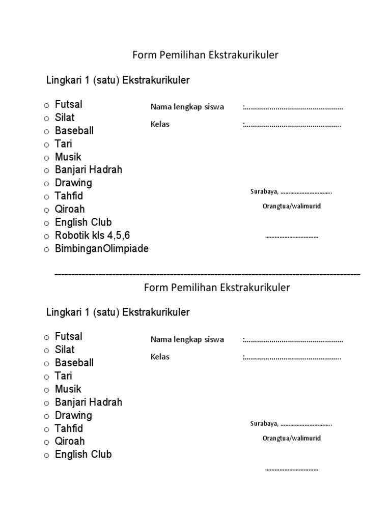 Form Pemilihan Keikutsertaan Ekstrakurikuler | PDF