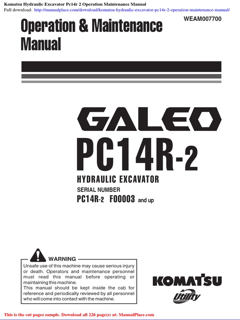 Komatsu Hydraulic Excavator Pc14r 2 Operation Maintenance Manual | PDF