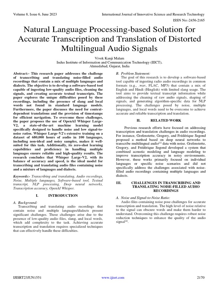 Natural Language Processing-Based Solution For Accurate Transcription and Translation of ...