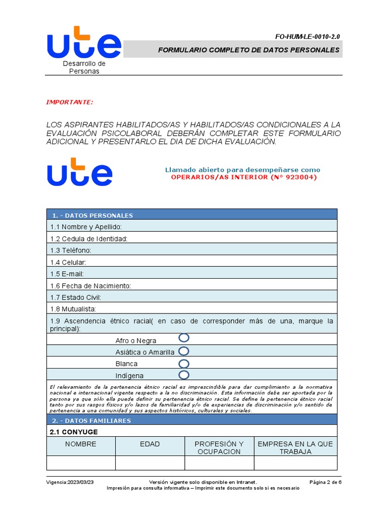 Formulario Datos Personales 923004 | PDF