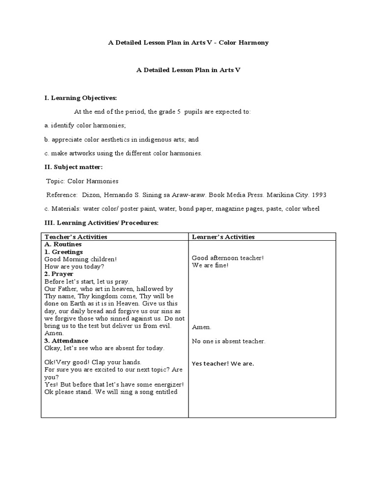 Color Harmony Lesson Plan for Grade 5 | PDF | Color | Yellow