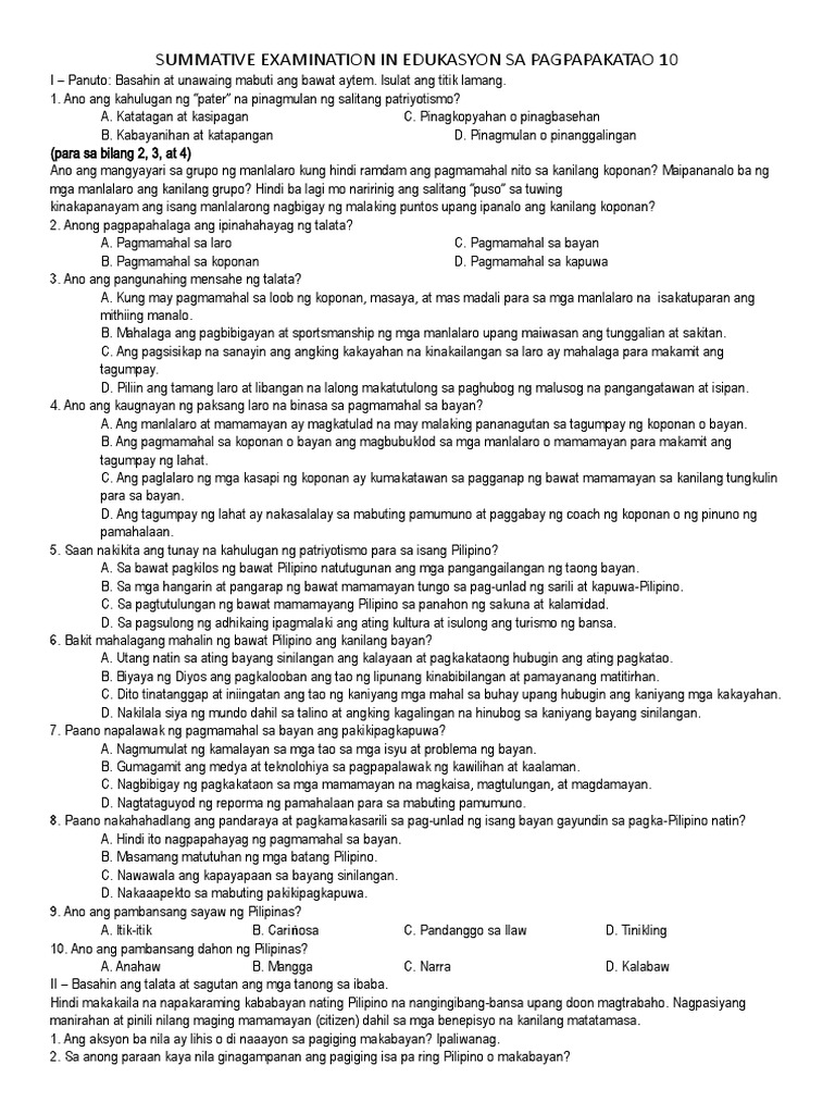 Summative Examination in Edukasyonsa Pagpapakatao 10 | PDF