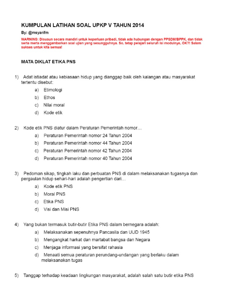 KUMPULAN LATIHAN SOAL UPKP V TAHUN PDF | PDF