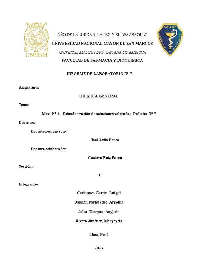 Informe 7 QM - Estandarización de Sol. Valoradas | PDF | Valoración | Química