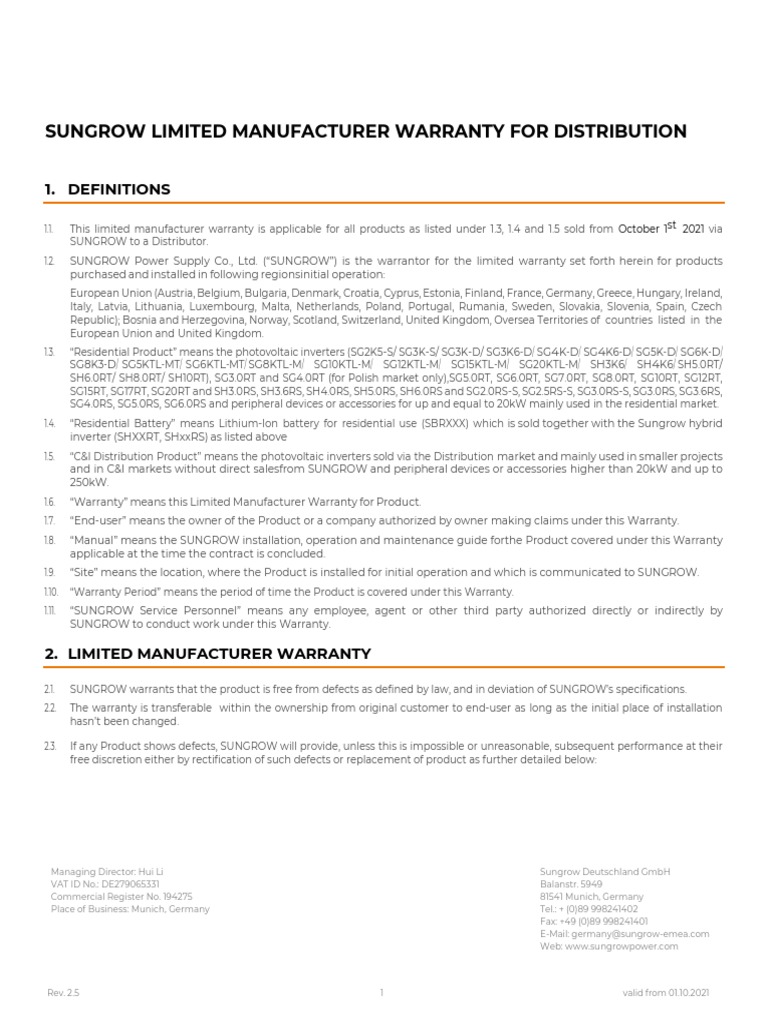 2021 SUNGROW Manufacturer Warranty Distribution EN | PDF