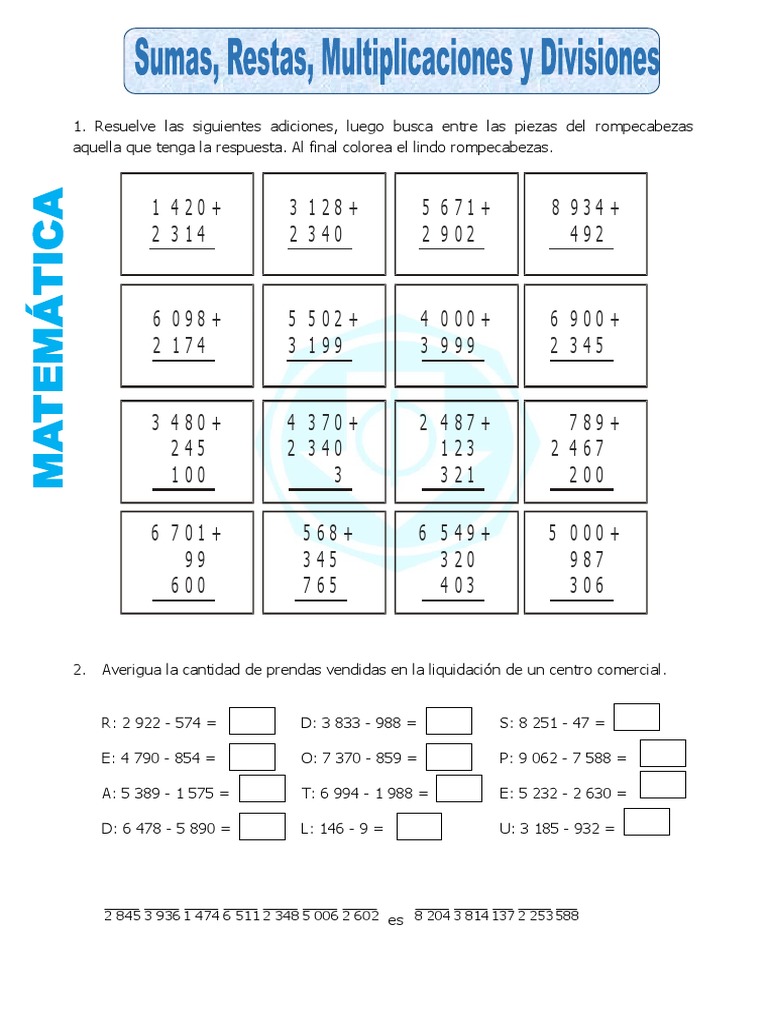 Ficha Sumas Restas Multiplicaciones y Divisiones para Cuarto de Primaria | PDF