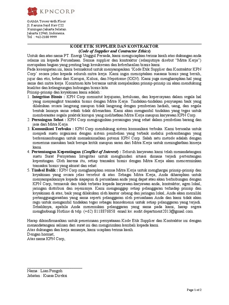 Kode Etik Supplier Vendor Dan Kontraktor | PDF | Bisnis | Pengelolaan ...