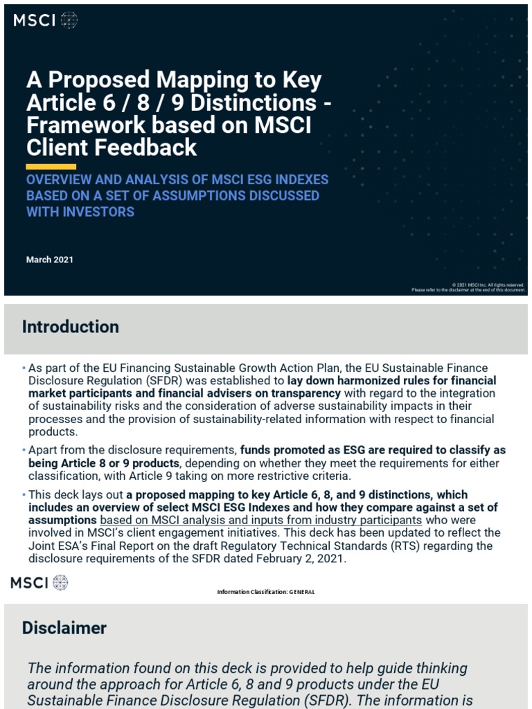 SFDR - Proposed Article 6-8-9 Mapping Framework - Analysis of MSCI ESG ...