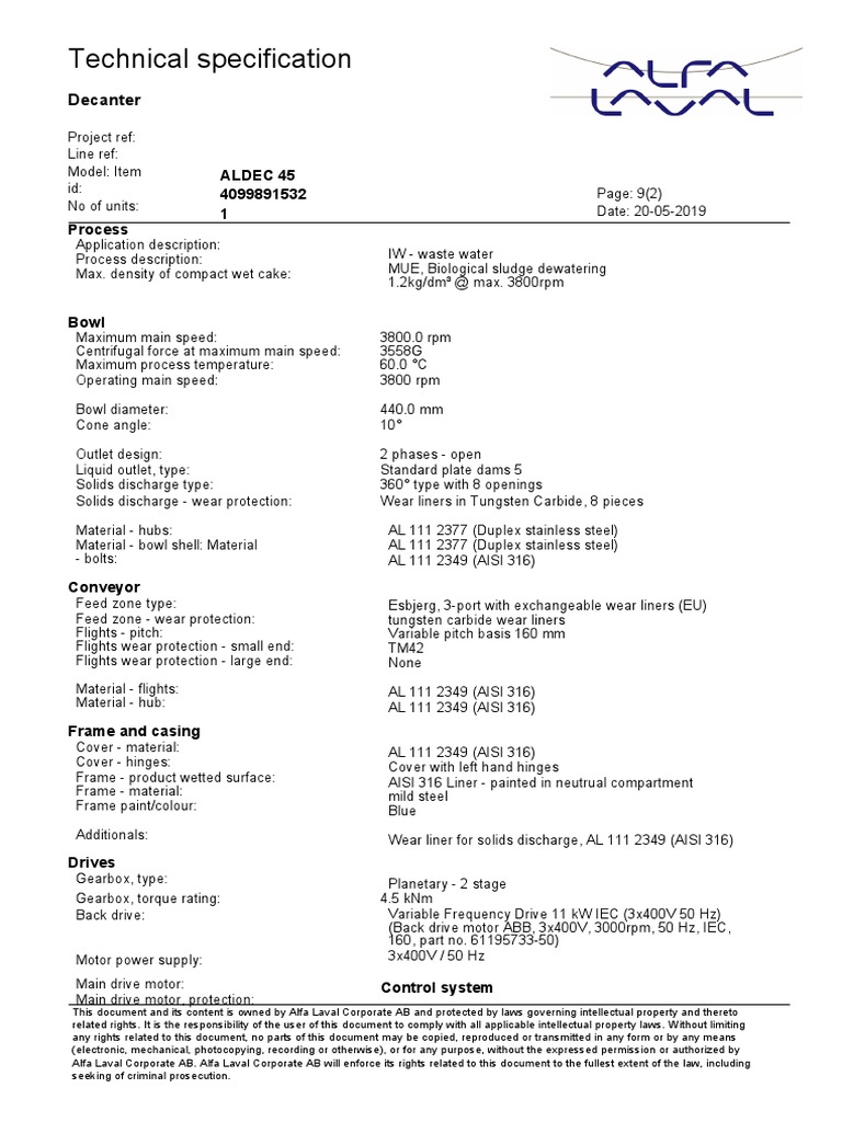 Alfa Laval Aldec 45 Technical Sheet | PDF | Materials | Mechanical Engineering