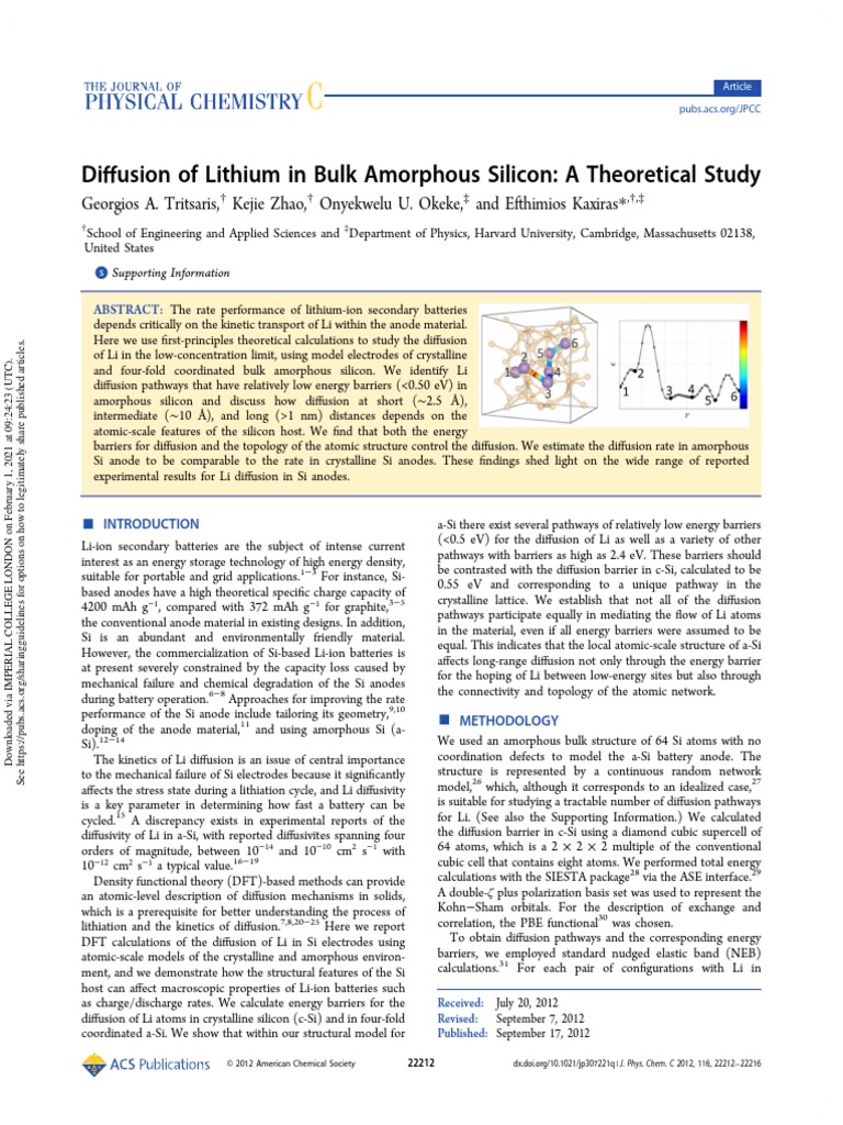 Diffusion of Lithium in Bulk Amorphous Silicon A Theoretical Study | Download Free PDF ...